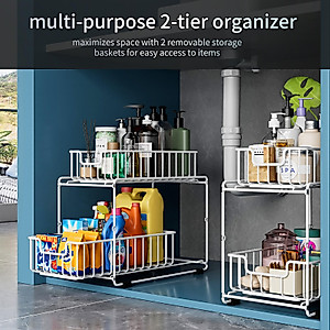 SUFAUY Pull-Out Sliding Drawer, 2 Tier Cabinet Organizer Metal Basket for Countertop Bathroom Storage, Under Kitchen Sink Organizer, Office, Wire Grid, White