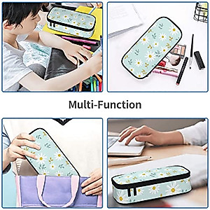Cute Green Daisy Pencil Case with Zipper, Large Capacity Kawaii Pencil Pouch Aesthetic Pencil Box Marker Pencil Bag for Girls and Boys
