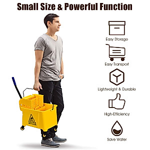 S AFSTAR 20L/21 Quart Commercial Mop Bucket with Wringer, Portable Mop Bucket with Wheels & Handle, Household Mop Wringer Bucket for Home Office Market Restaurant Hotel (Yellow)