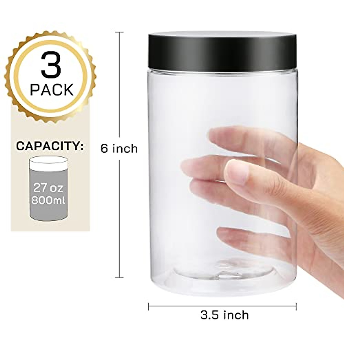 LotFancy Plastic Jars with Lids, 27 Oz Pack of 3 Clear Containers, Refillable Short-term Food Storage Containers, Sealed and Leakproof Design