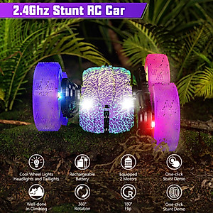 28℃ Remote Control Car Stunt RC Cars, 4WD Rechargeable RC Truck with Headlights Wheel Lights, Double Sided 360 Flips Stunt Toy Car for Kids Boys Girls 6 Year Old Christmas Birthday Gift (Purple)