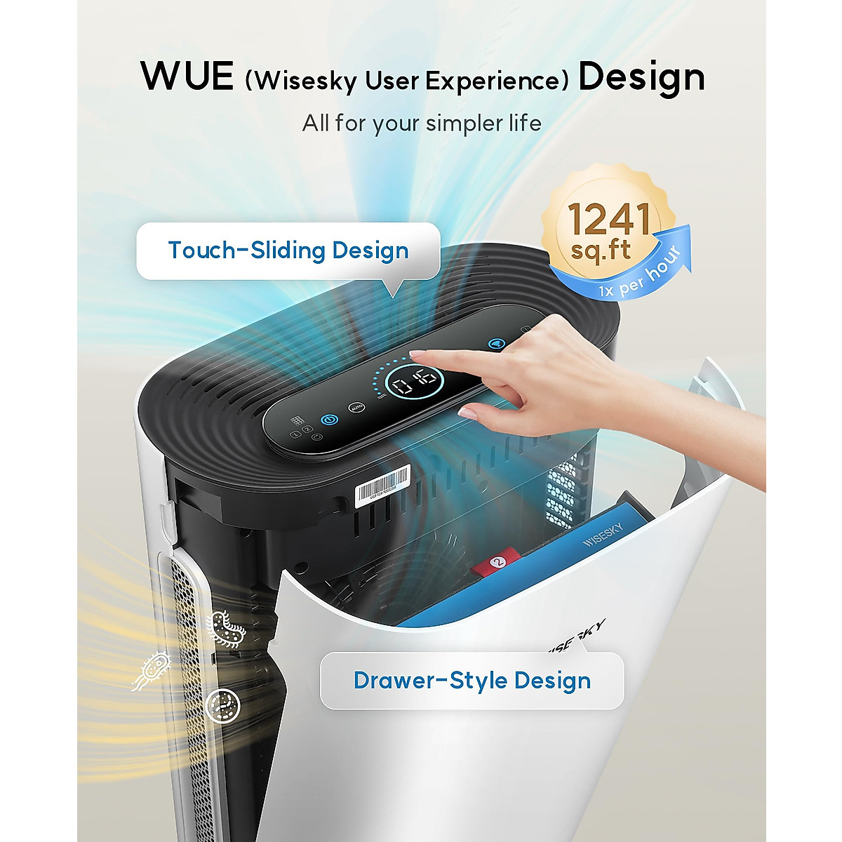 WISESKY Smart Air Purifier-HEPA Filter Removes Pollen, Dust, Smoke, Pets Odor, Alexa Air Cleaner for Home Bedroom, Large Room up to 1241 sq. ft, Quiet Auto Sleep Mode, WS310A White