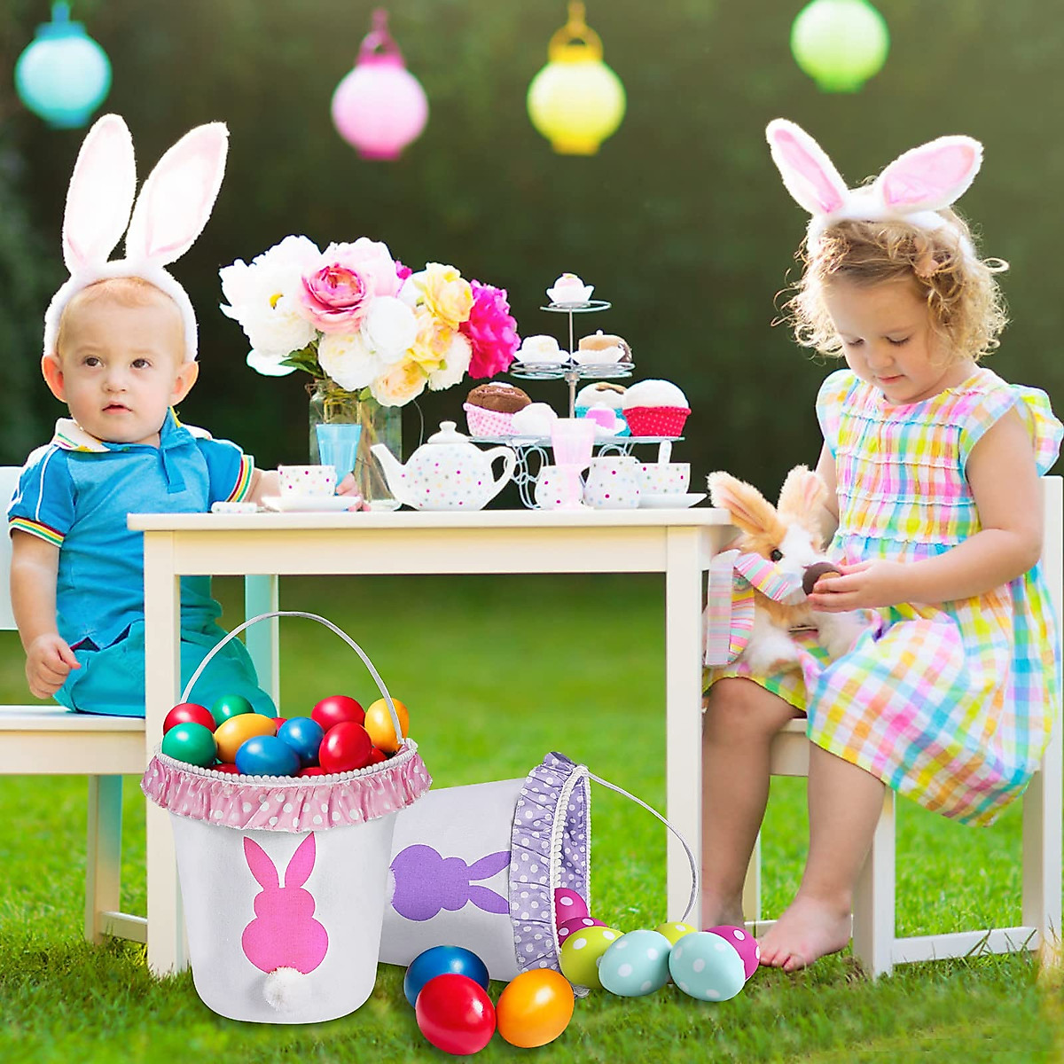 Easter Bunny Basket Eggs Bags 2 Pack with Fluffy Tail Pink Purple Canvas Cotton Rabbit Personalized Handbag Toys Bucket Tote Bag Storage Gifts Candies for Kids Girls with Handles (Pink + Purple)