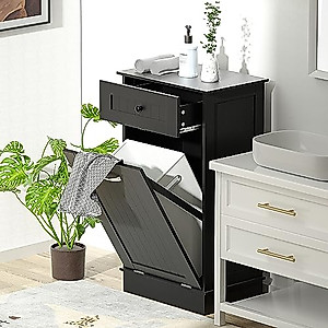 Visionwards Tilt Out Trash Cabinet Bin, Wooden, Dog Proof Garbage Can Holder, Kitchen Island with Laundry Hamper, Black