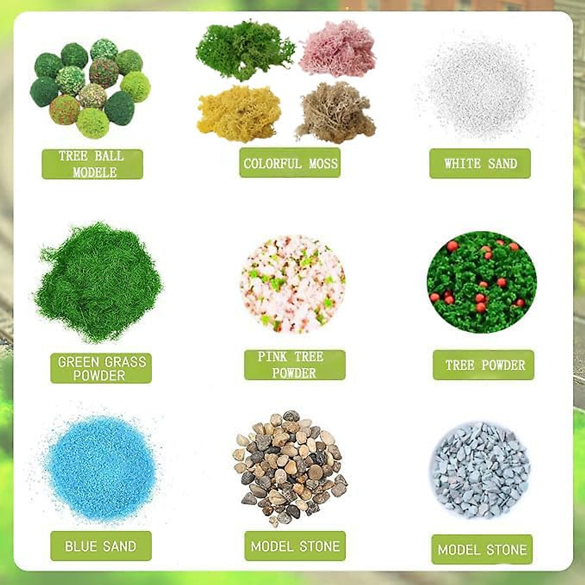 QuarenDen Scenery Miniature Basing Kit, 12 Bags, Basing Material Kit, Model Scenery Kit, Decorative Sand, Stone, Grass, Moss Stick, River for Model Railway, Fairy Garden Diorama Scenery