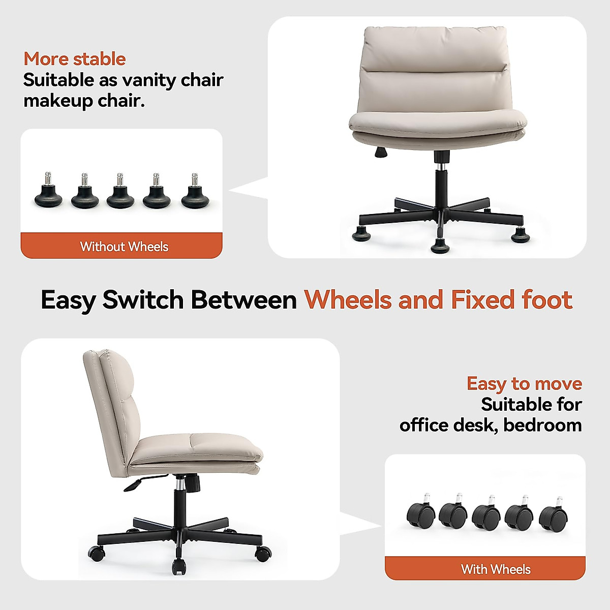 EMIAH Armless Office Desks Chair with Wheels PU-Padded Vanity Chair Mid-Back Ergonomic Home Office Computer Chair Comfortable Adjustable Swivel Task Chair with Thickened Cushion