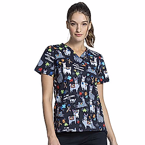 Cherokee Prints Women Scrubs Top V-Neck Print CK651, S, Llama Love