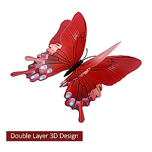 24PCS Butterfly Wall Decals Removable 3D Butterflies Decor for Wall Sticker Mural Stickers Home Decoration Kids Room Bedroom Decor (Double Layer-Red/24PCS)