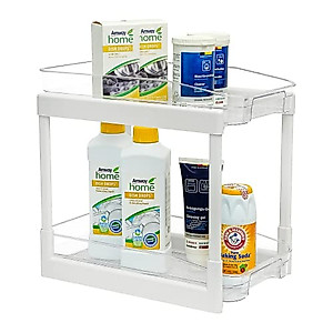 CAXXA 2 Tier Under Sink Cabinet Organizer Slide-Out Storage Drawer with Hooks for Kitchen, Bathroom,Vanity Counter (Clear)