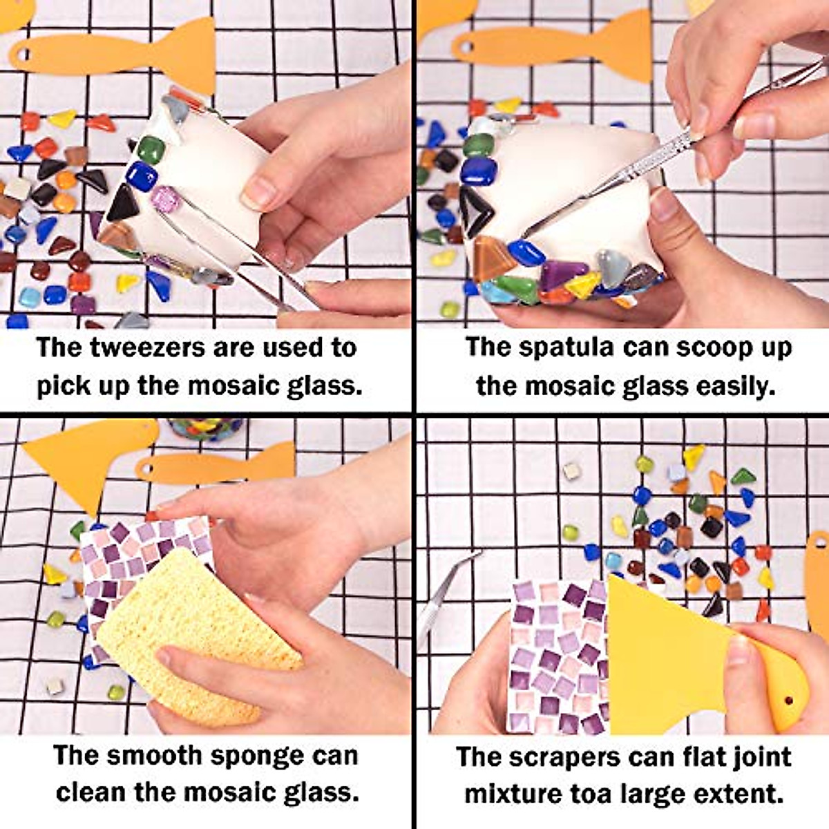 Whaline 7 Pieces Mosaic Tools, Mosaic Tweezers Tile Beginner Setwith 2 Scrapers, 2 Tweezers, 1 Double-EndedHook, 1 Spatula, 1 Sponge