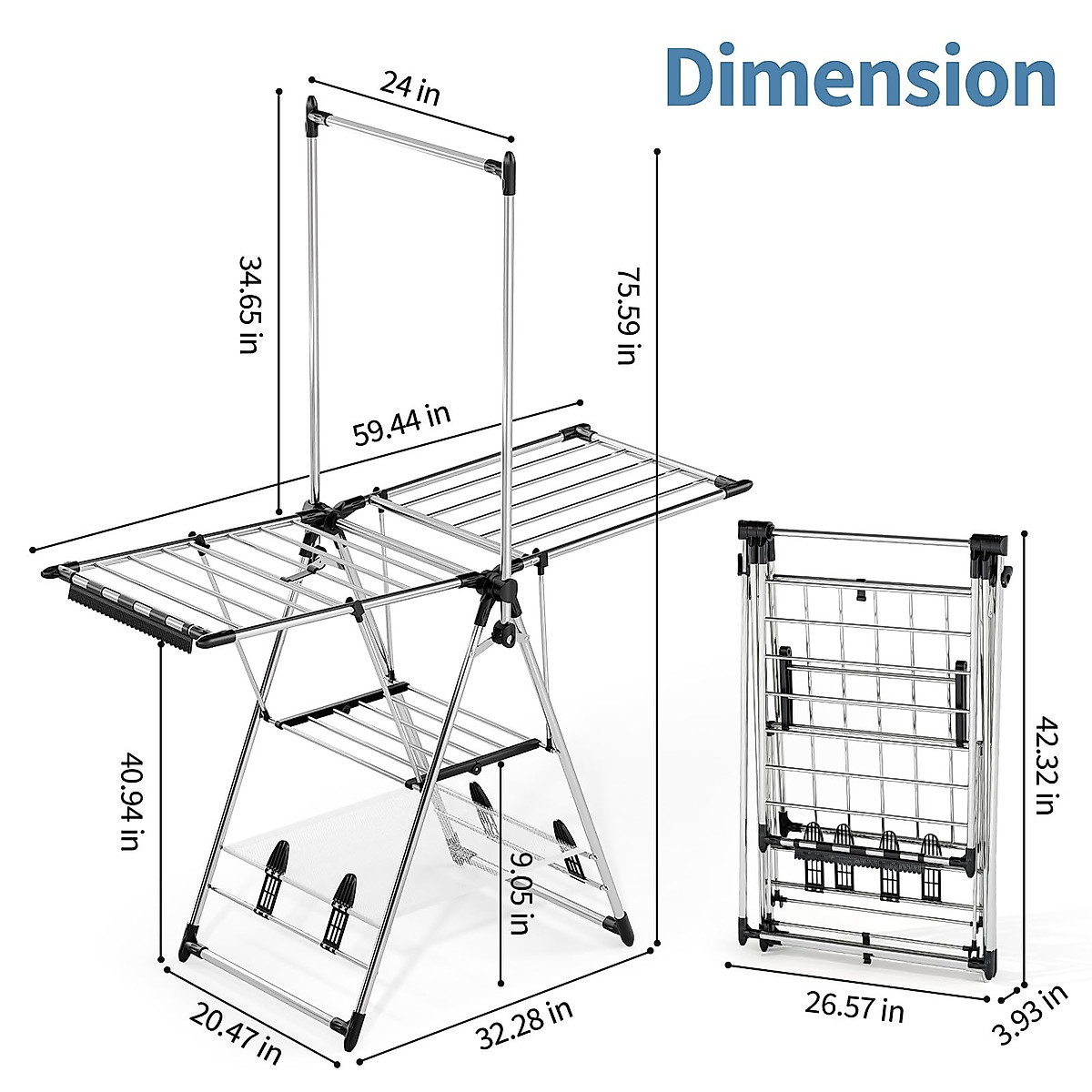APEXCHASER Clothes Drying Rack with High Hanger, Foldable 3-Level Drying Racks with Shoe Rack, Crossbar and Vertical Rod Laundry Stand with Adjustable Wings