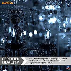 Sunlite 41077 LED Filament B11 Torpedo Chandelier Light Bulb, 5.5 Watts (60W Equivalent), 600 Lumens, Medium E26 Base, Dimmable, Edison Style, 90 CRI, UL Listed, 5000K Super White 6 Pack