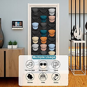 27 Pockets Hat Rack For Baseball Caps, Baseball Hat Organizer for Wall/Over the Door, Caps Hat Holder Hanger For Closet With Large Clear Pockets & 3 Hooks, Hat Storage to Protect and Display (Black)