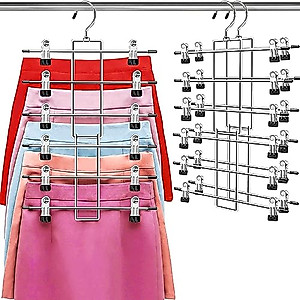 Pants Hangers -6 Tiers Closet Organizer Clothes Hanger,Skirt Hangers with 360° Swivel Hook -Space Saving Hangers with Clips - 2 Pack Pant Hangers