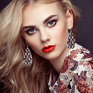 Zokola Day Of The Dead Leather Drop Earrings Set, Mexican Sugar Skull Flowers Black Lightweight Teardrop Earrings Leather Dangle Earrings For Women Friends Wedding Jewelry