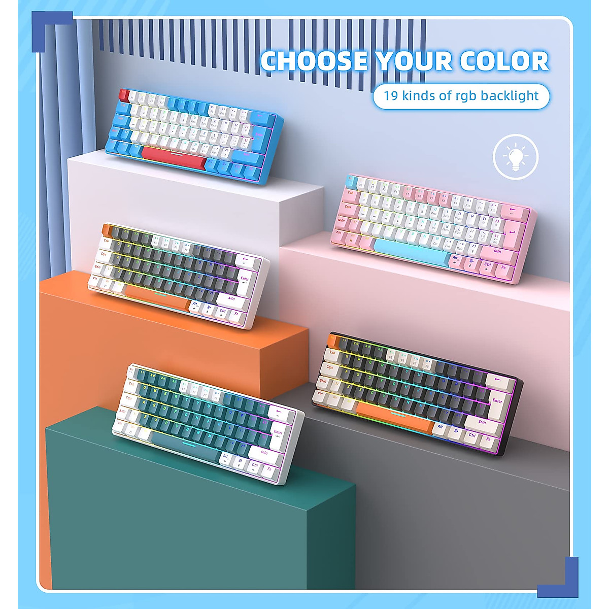LexonElec T60PRO 60% Mechanical Keyboard and Mouse Combo+Coiled USB C Cable, Compact RGB LED Backlit Keyboard, Linear Red Switch, 6400 DPI Programmable RGB Mouse for PC Mac Gamer(Blue&White)