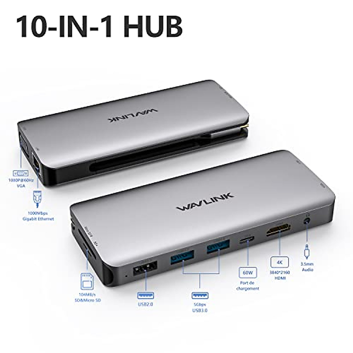 WAVLINK USB C Hub, 10-in-1 Type C Adapter Mini Docking Station with 4K 30Hz HDMI,2K 60Hz VGA,RJ45 Ethernet,2 USB 3.0,USB 2.0,SD/TF Card Reader,3.5mm Audio Jack,87W PD for Windows Mac and More