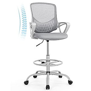 OLIXIS Ergonomic Tall Height Standing Mesh Desk Drafting Stool with Adjustable Foot Ring Computer Chair with Armrests for Home Office, Grey, Black