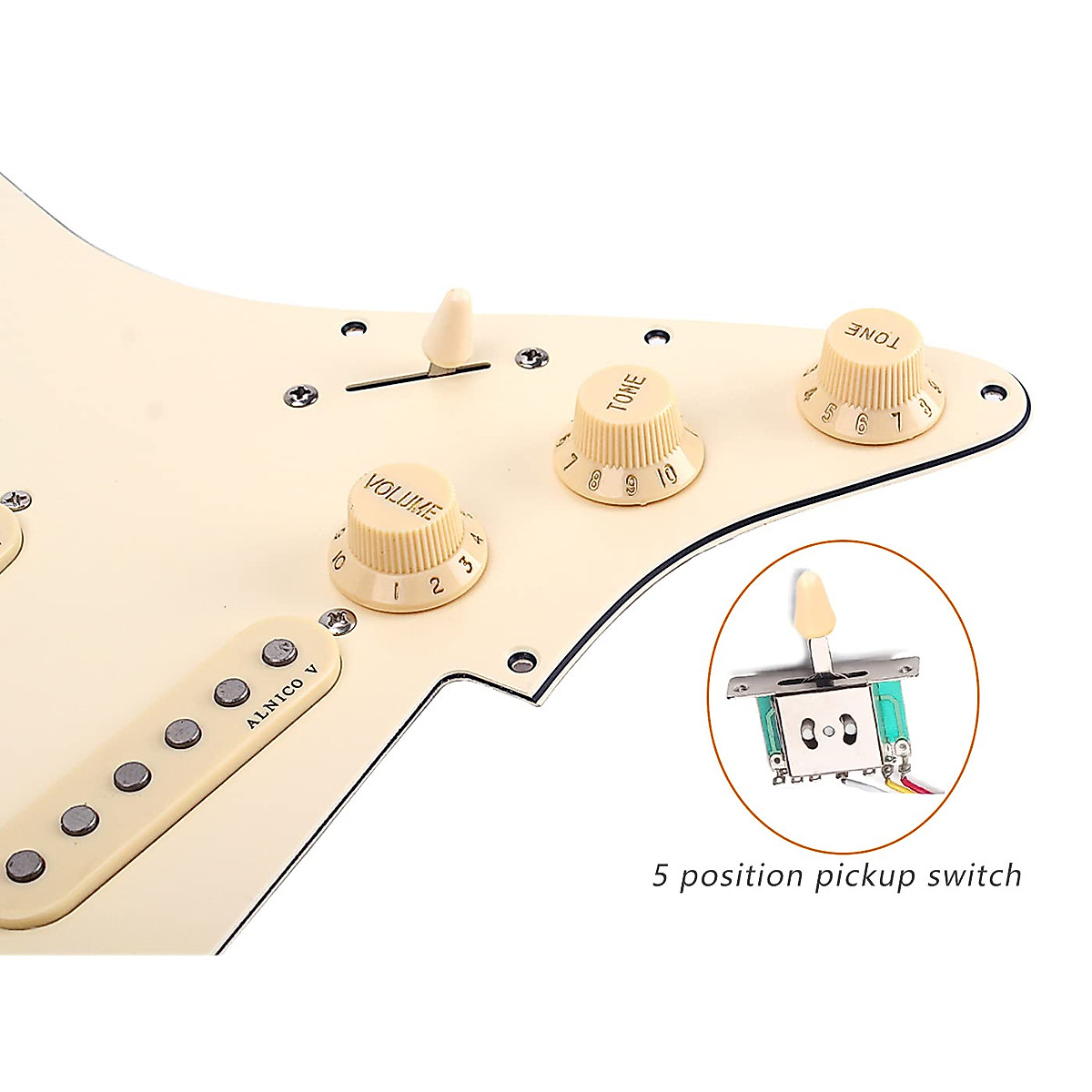 LAMSAM Prewired 6 String Electric Guitar Pickguard Loaded Modern Tone Single Coil Pickups, Pick Guards Wired Alnico 5 SSS Pickup Set Volume Tone Pots 5-way Switch, Backplate Included, Cream