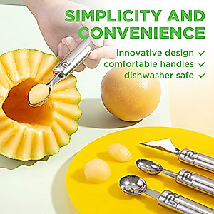 Riveira Melon Baller Scoop Set Stainless Steel 4-Piece Carving Knife Watermelon Cantaloupe Scooper for Cutting and Scooping Fruit Melons