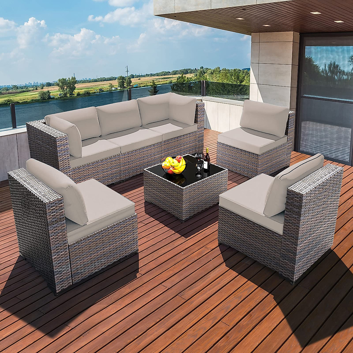 Grezone 7 Pieces Outdoor Sectional Furniture High Backrest Patio Sofa, All-Weather PE Rattan Patio Conversation Set with Coffee Table & Cushions and Black-Glass Table (Cream)