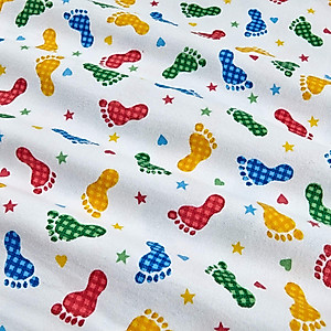 Comfy Flannel Footprints White/Primary, Fabric by the Yard