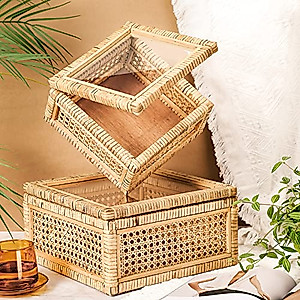 Amyhill Set of 2 Boho Rectangular Rattan Decorative Boxes with Glass Lids Woven Cane and Rattan Display Boxes with Lids Storage Basket Bins for Home Decor (12 x 12 x 6 Inch, 9 x 9 x 4.5 Inch)