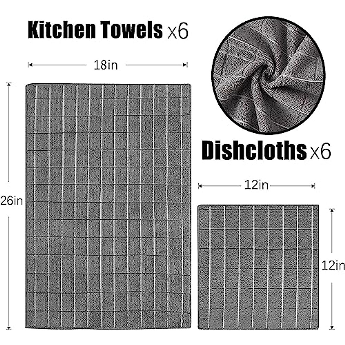 Puomue Microfiber Kitchen Towels and Dishcloths Set, 26 X 18 Inch and 12 X 12 Inch, Set of 12 Bulk Lint Free Dish Towels for Drying Dishes, Grey