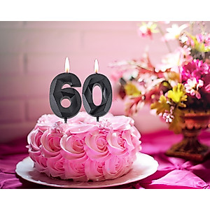 2 inch Black 60 Birthday Candles, 3D Diamond Number 60 Cake Topper for Men Women Birthday Party Decorations Theme Party