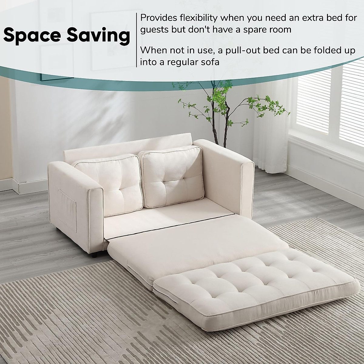 JOYBASE Sleeper Loveseat Pull Out Sofa Bed, Modern Upholstered Convertible Pull Out Couch Sleeper Sofa for Living Room (Beige, Fabric)