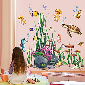 Ouboya Colorful Undersea World Wall Decals Ocean Wall Stickers Turtle Seaweed Wall Decal - Removable Vinly Decal Mural Wall Art for Kids Bedroom Kindergarten Nursery Wall Decor