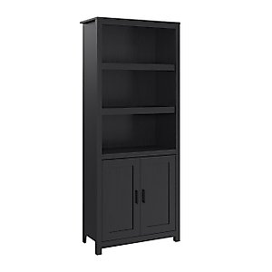 Panana Bookcase with Doors, 5 Shelves Free Standing Display Bookshelf with Cabinet Storage Organizer Home Office Furniture (Black)