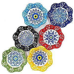 HeraCraft 6pcs Daisy Shaped Evil Eye Hand-Painted Ceramic Snack Bowls 3.74''/9.5cm-77ml/2.7 oz Decorative Nazar Design Multi-Purpose Cute Set - Pinch Sauce Dipping Finger Small Serving Bowls