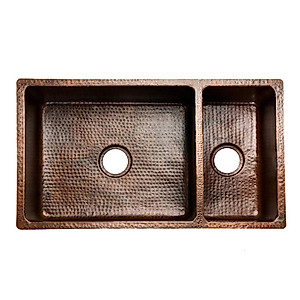 Premier Copper Products K75DB33199 33-Inch Hammered Copper Kitchen 75/25 Double Basin Sink, Oil Rubbed Bronze