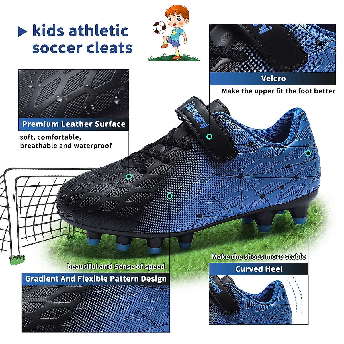 Hanani Boys Girls Soccer Shoes Kids Baseball Cleats Athletic Outdoor Indoor Sports Shoe Youth School Performance Futsal Sneaker Black Blue