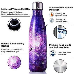 HGDGears 17oz Stainless Steel Water Bottle Double Wall Vacuum Insulated Flask BPA Free Leak Proof Cola Shape Thermos with Brush, Galaxy Purple