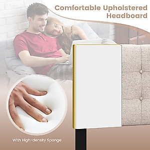 KOMFOTT Linen Upholstered Headboard for Full & Queen Size Bed Frame, Tufted Button Bed Headboard with Solid Rubber Wood Legs, Rectangular Headboard with Adjustable Width, Beige