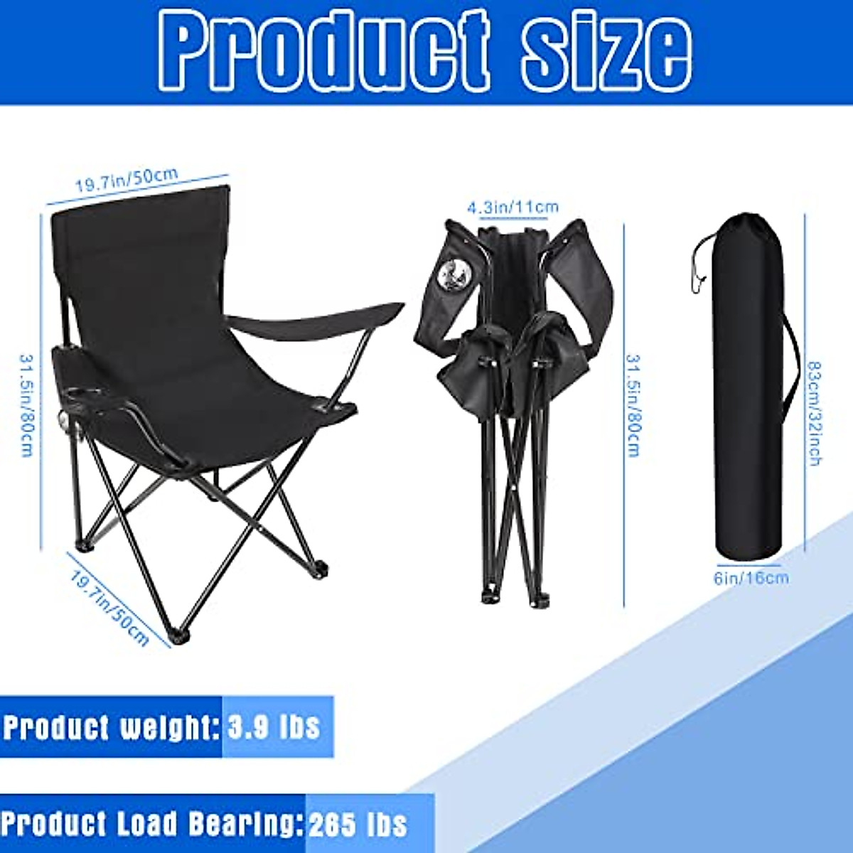 4 Pack Folding Camping Chairs with Carrying Bag Portable Lawn Chairs Lightweight Beach Chairs Outdoor Collapsible Chair with Mesh Cup Holder for Travel Outside Camp Beach Fishing Sports (Black)