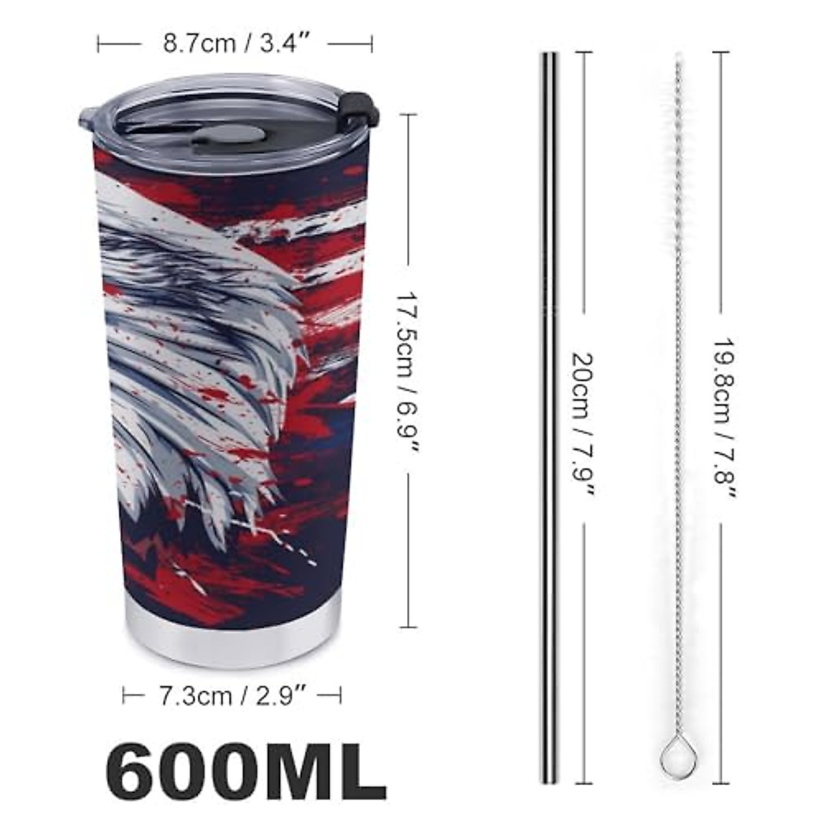zxxpensy 20 Oz Tumbler Travel Cup Patriotic Bald Eagle Water Bottle, Stainless Steel Vacuum Insulated Coffee Mug with Straw Lid And Cleaning Brush