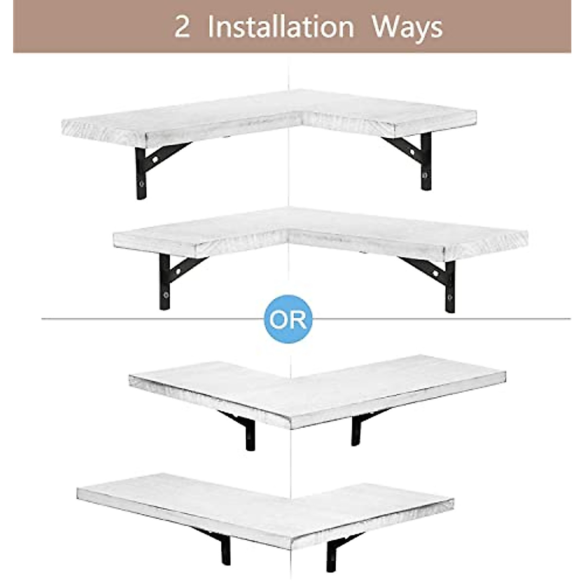 SEHERTIWY Corner Floating Shelves Wall Mounted Set of 4, Rustic Wood Wall Storage Shelves for Bedroom, Living Room, Bathroom (Rustic White)