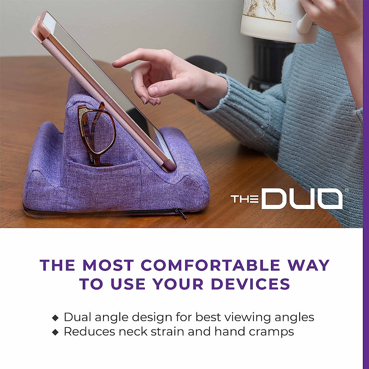 THE DUO Multi-Angle Viewing Stand for iPad, Tablet, Phone - Pillow Tablet Stand with Side Pockets - Portable Tablet Holder for Travel and Work from Home - Grey, 10 x 10 x 6.75 inches