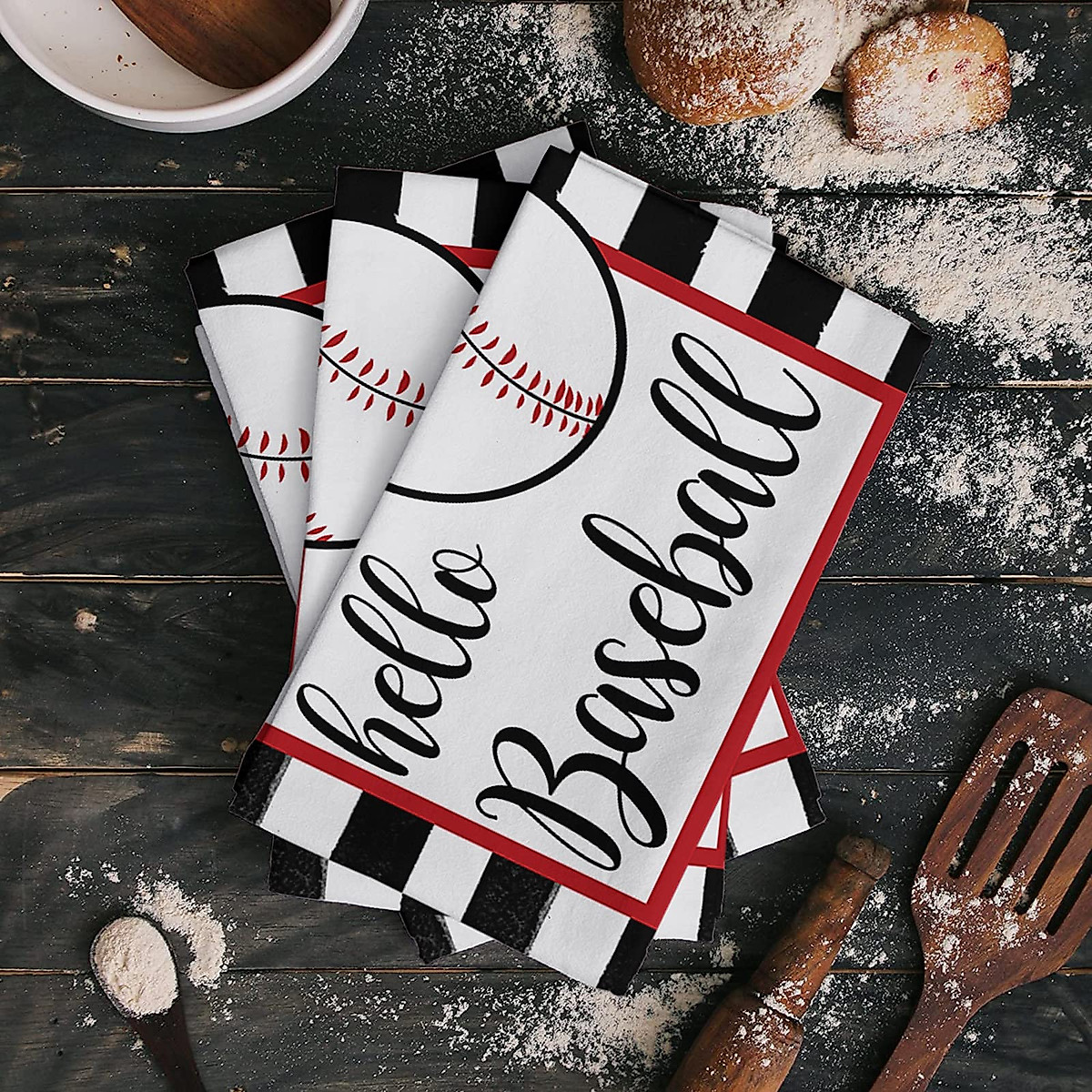 Sports Baseball Game Kitchen Towels, Set of 2 Hand Drying Towel, Soft Absorbent Multipurpose Cloth Tea Towels for Cooking Baking, Watercolor Black White Stripes Washable Dish Towels Cloth 18x28 Inch