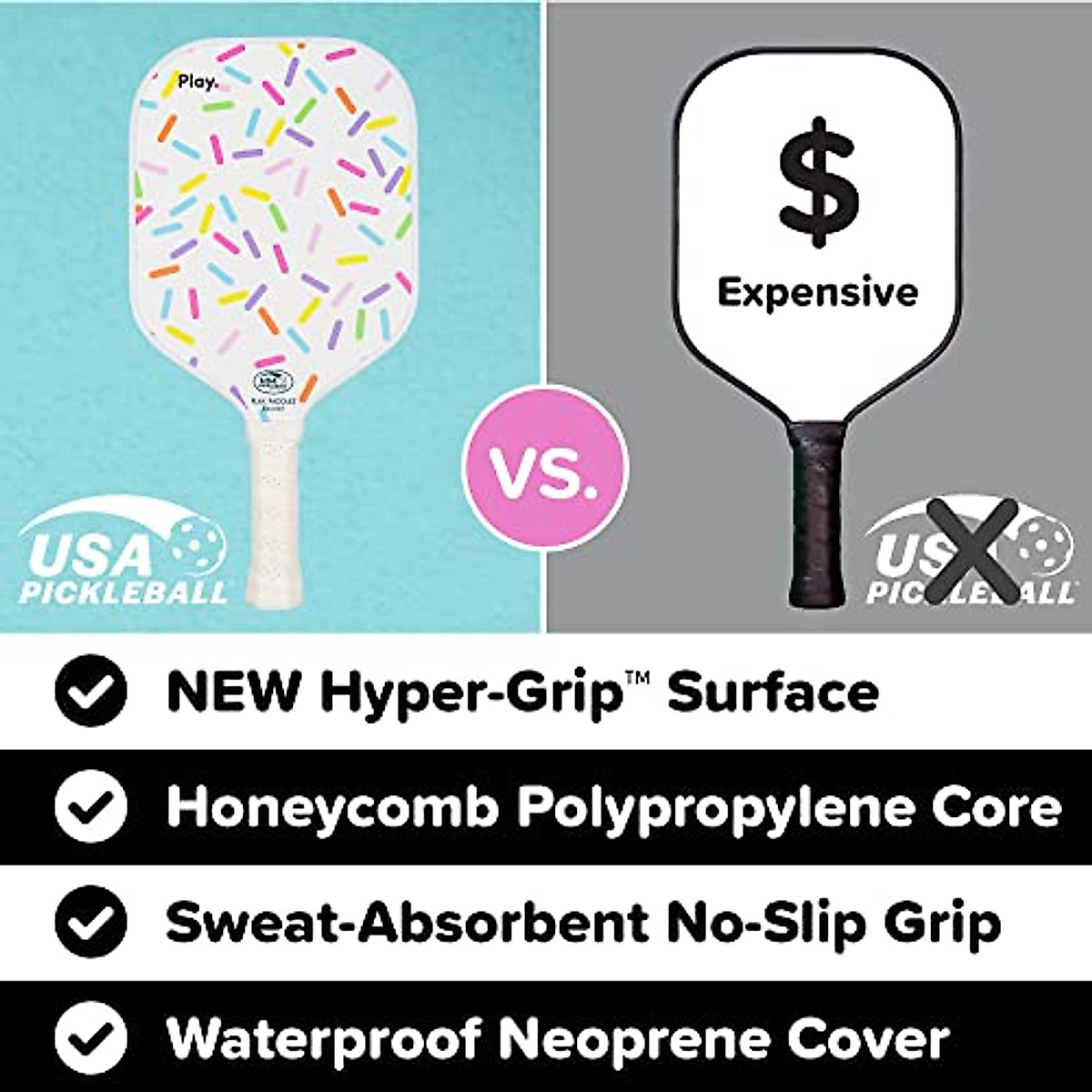 Play Paddles Indoor/Outdoor Pickleball Paddle - USA Pickleball Approved - Carbon Fiber and Polymer Honeycomb Composite Core - Hyper-Grip™ Surface and Graphite Face - Cushioned Grip Handle (Sprinkles)