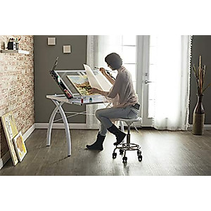 SD Studio Designs 10096 Futura Station with Folding Shelf Top Adjustable Drafting Craft Drawing Hobby Table Writing Studio Desk with Drawer, 35.5'' W x 23.75'' D, White/Clear Glass