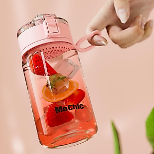 MOCHIC CUPWater Bottle 15oz Wide Mouth Water Bottle transparent Water Jug Leakproof Durable Removable Strainer for Fitness, Gym, Outdoor Sport (pink)