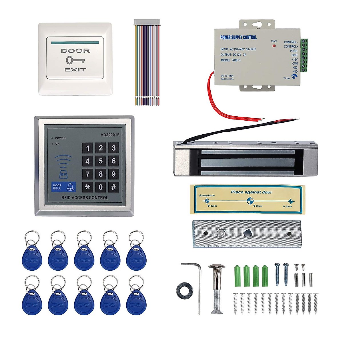 IMAGE Proximity RFID Card Access Control System Kit with 180kg 350LB Electric Magnetic lock 110-240V AC to 12v DC 3A 36w Power Supply Proximity Door Entry Keypad 10 Key Fobs EXIT Button