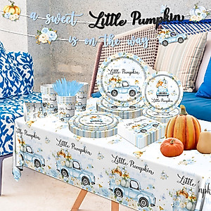 Little Pumpkin Baby Shower Decorations Tableware,142Pcs A Sweet Little Pumpkin is On The Way Boy Blue Floral Truck Disposable Tablecloth,Plates,Napkins for Autumn Fall Thanksgiving Party Supplies
