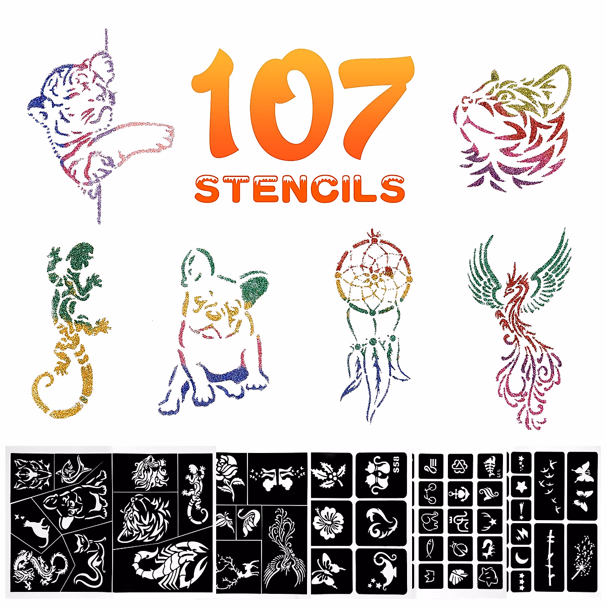 Larger Glitter Tattoo Kit - Body Glitter Temporary Tattoos Kit with Water Activated UV Reactive Body Paint & Glow Powder & Stencils & Glue, Gifts for Girls Birthday Party Festival Halloween Christmas