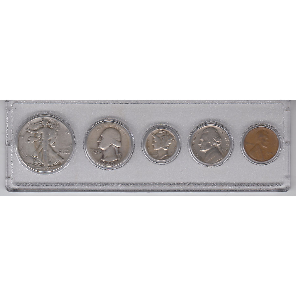 1940 Birth Year Coin Set (5) Coins - Silver Half dollar, Silver Quarter, Silver Dime, Nickel, and Cent All Dated 1940 and Encased in Plastic Display Case Very Good Circulated Condition