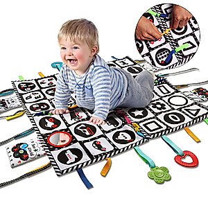 teytoy Tummy Time Floor Mirror, Double High Contrast Play and Pat Activity Mat Black and White Baby Crinkle Toys with Teether, Great Gift for Infants Boys and Girls -Pack of 4